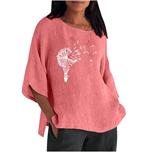 Summer Women Cotton Linen Tshirt Tops Trendy 3/4 Sleeve Casual Dandelion Tunic Tees Side Slit Comfy Soft Flowy Blouses Pink