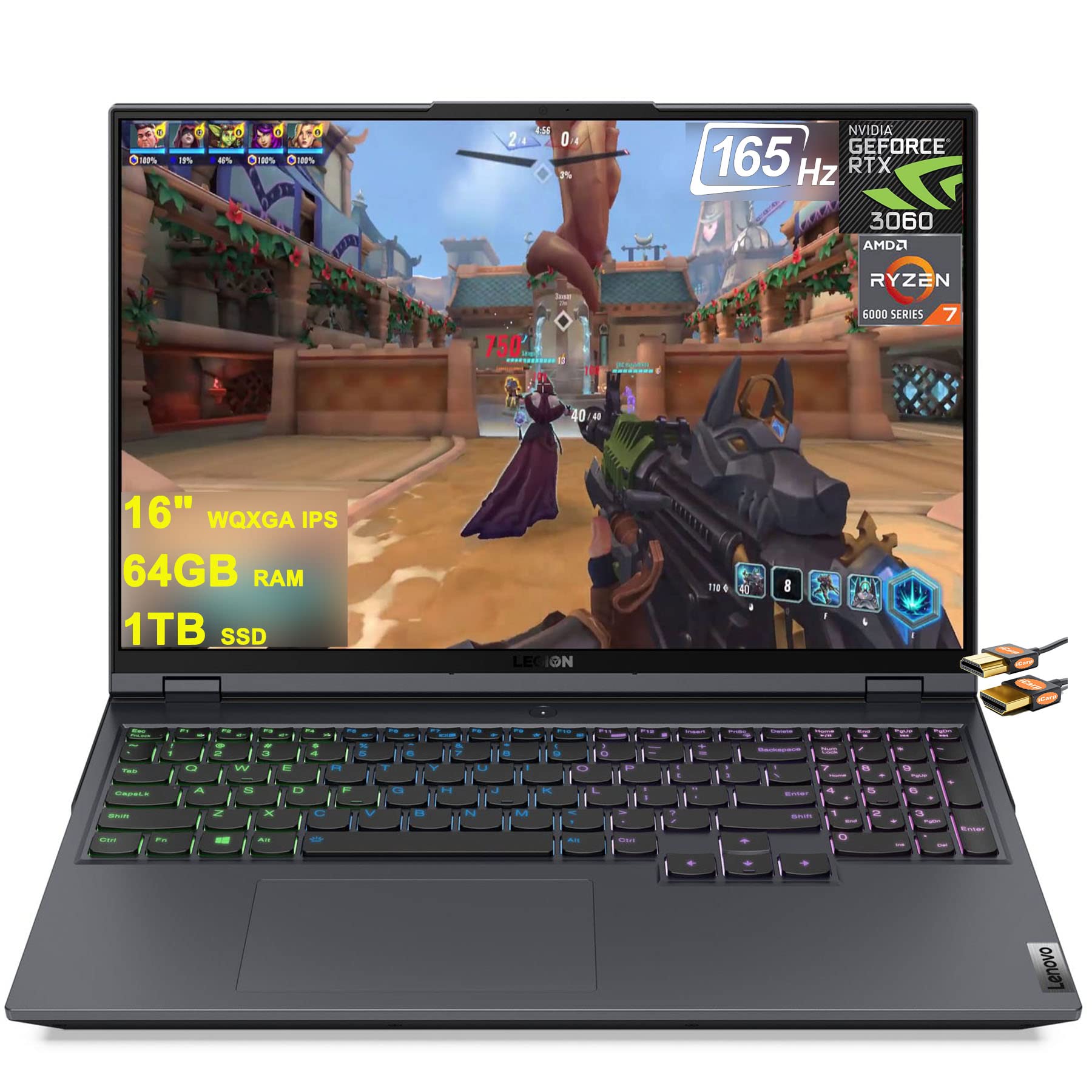 Lenovo Legion 5 Pro 16 Gaming Laptop 16" WQXGA IPS 165Hz (500 nits, 100% sRGB) AMD Octa-Core Ryzen 7 6800H (Beats i7-11800H) 64GB RAM 1TB SSD GeForce RTX 3060 6GB USB-C Backlit Win11 + HDMI Cable