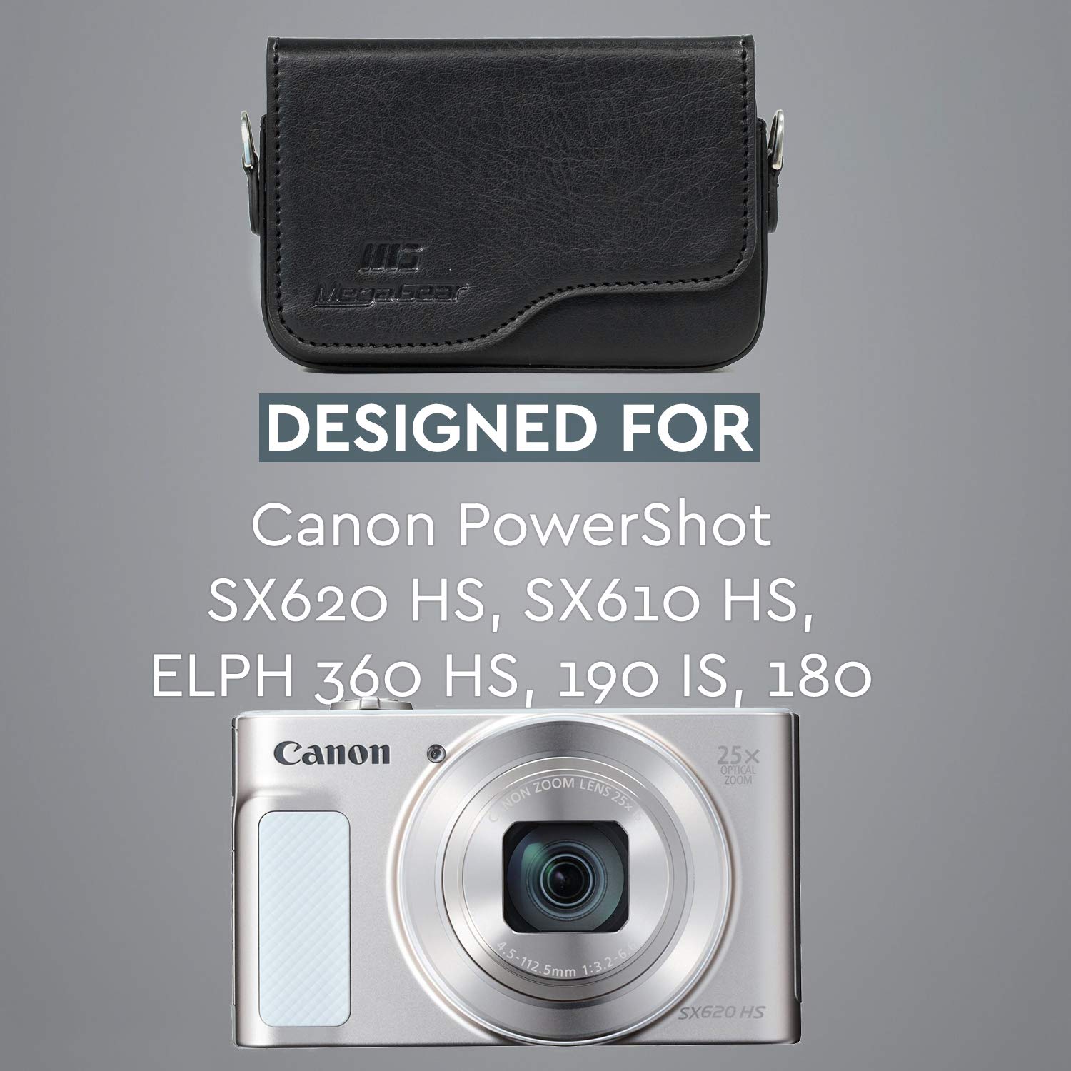 MegaGear Canon PowerShot SX620 HS, ELPH 180, ELPH 360 HS, ELPH 190 is, ELPH 170 is, SX610 HS Leather Camera Case with Strap - Black - MG1089