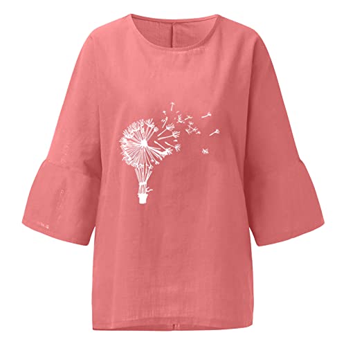 Summer Women Cotton Linen Tshirt Tops Trendy 3/4 Sleeve Casual Dandelion Tunic Tees Side Slit Comfy Soft Flowy Blouses Pink