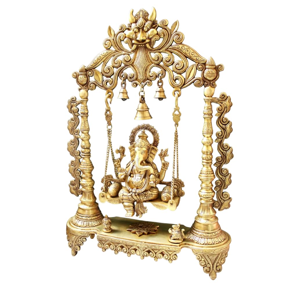 ROYALSTUFFS Brass Ganesha Idol Murti Sitting on Jhula for Worship Temple Home, 66 cm Height