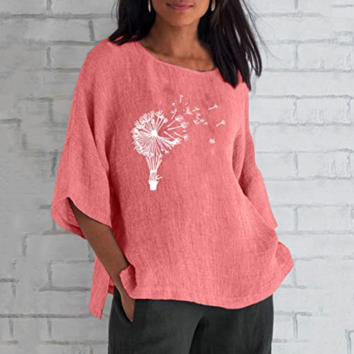 Summer Women Cotton Linen Tshirt Tops Trendy 3/4 Sleeve Casual Dandelion Tunic Tees Side Slit Comfy Soft Flowy Blouses Pink