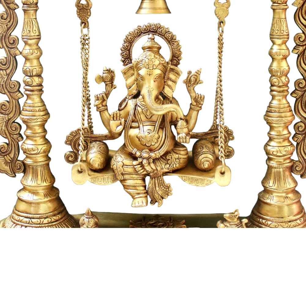 ROYALSTUFFS Brass Ganesha Idol Murti Sitting on Jhula for Worship Temple Home, 66 cm Height