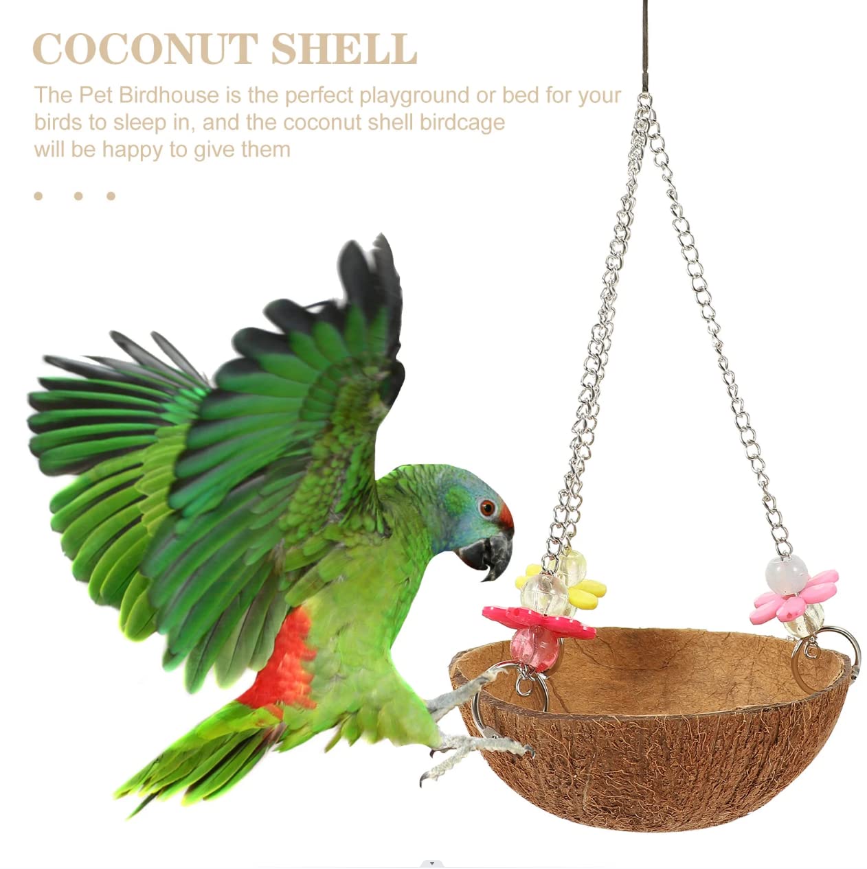 LOGOFUN Natural Coconut Shell Bird Nest Parakeet Nesting Box Parrot Bird Coconut Hut Hanging Bed Cage Swing Toys for Budgie Cockatiel Lovebird