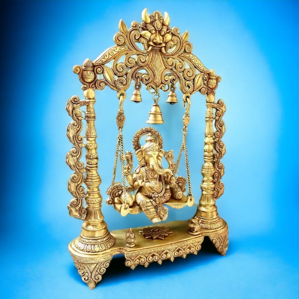 ROYALSTUFFS Brass Ganesha Idol Murti Sitting on Jhula for Worship Temple Home, 66 cm Height