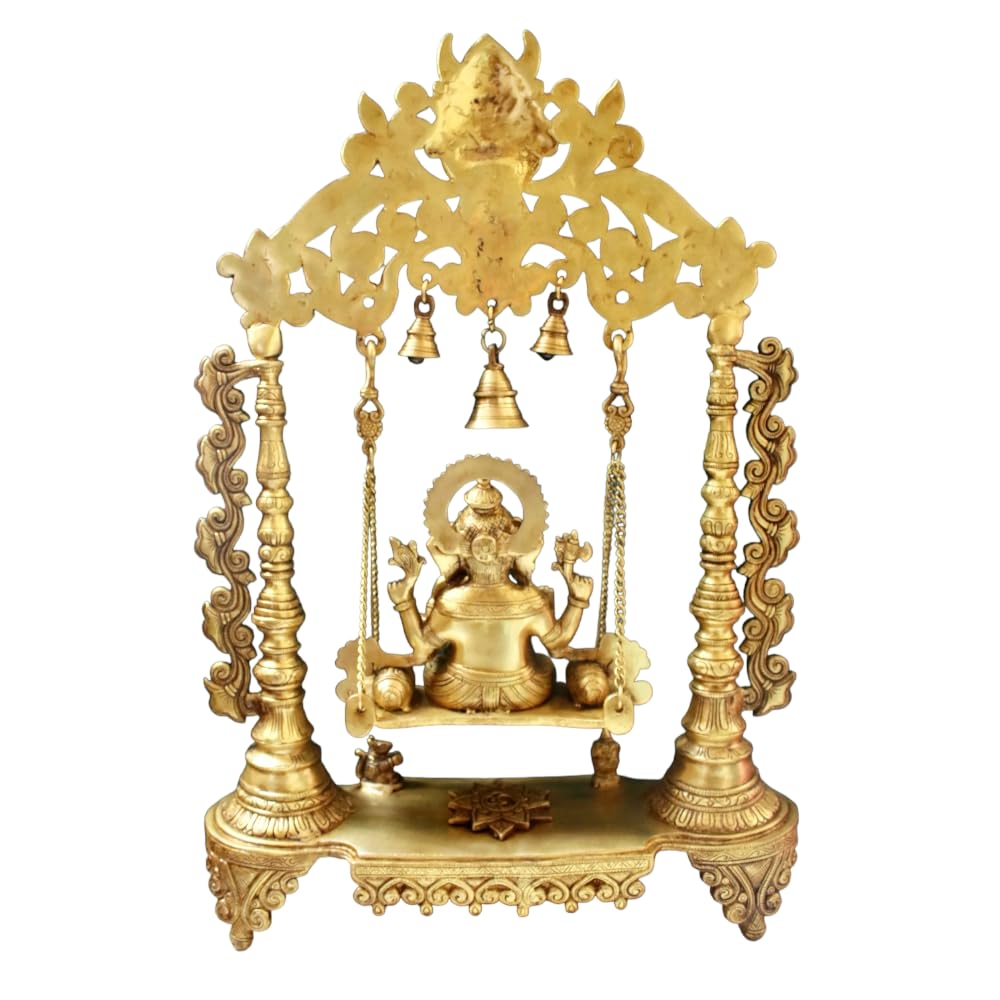 ROYALSTUFFS Brass Ganesha Idol Murti Sitting on Jhula for Worship Temple Home, 66 cm Height