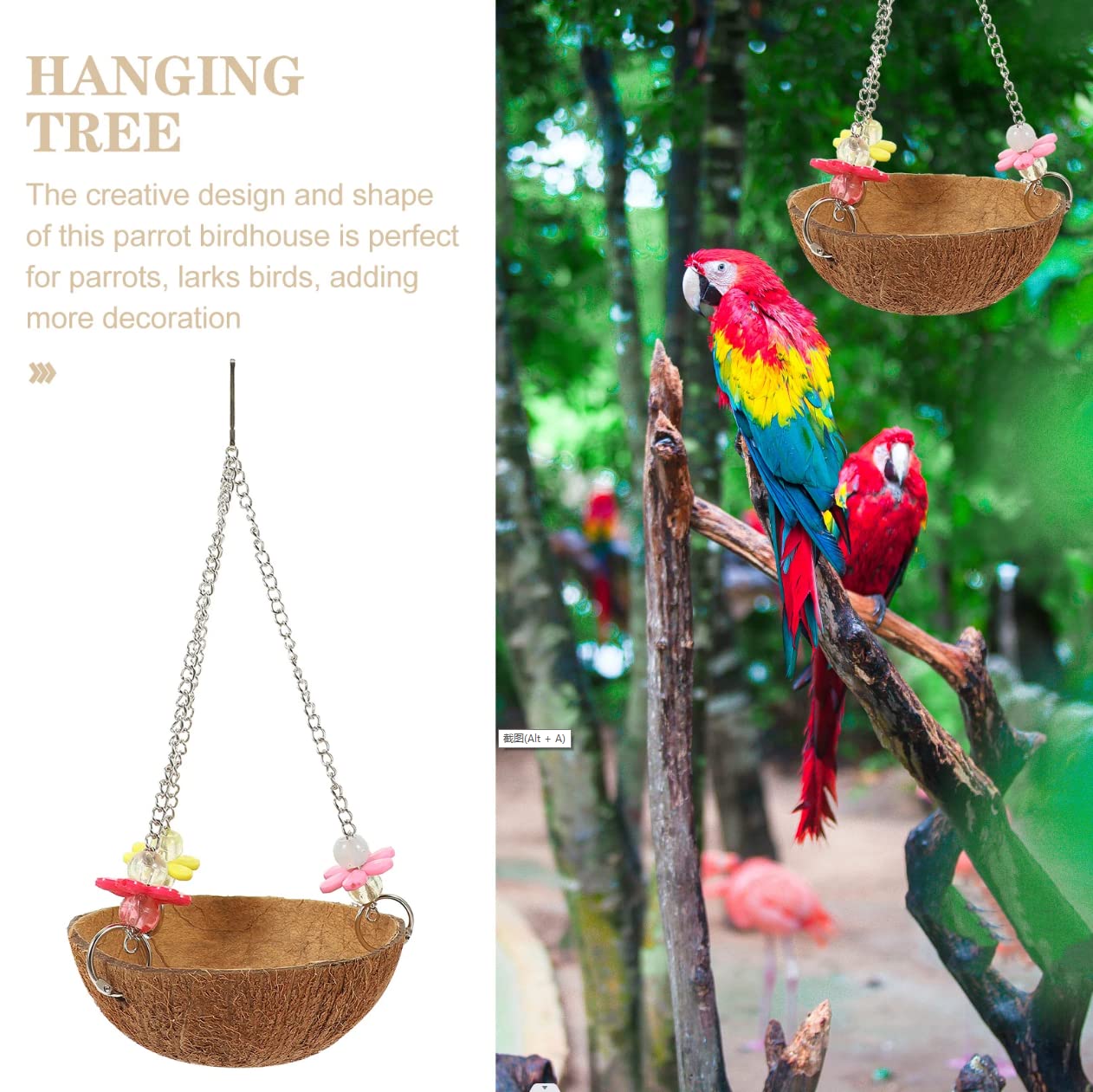 LOGOFUN Natural Coconut Shell Bird Nest Parakeet Nesting Box Parrot Bird Coconut Hut Hanging Bed Cage Swing Toys for Budgie Cockatiel Lovebird