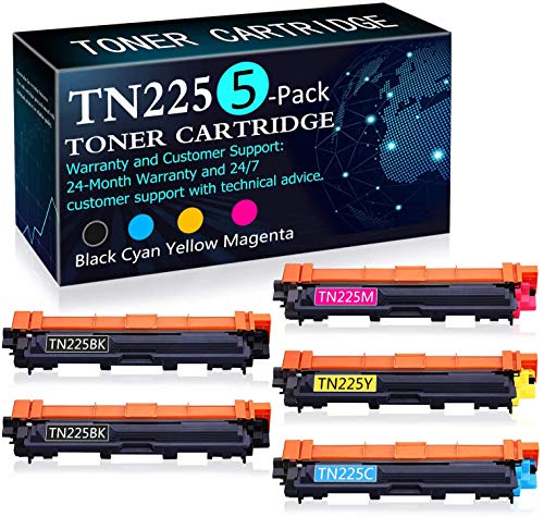 5 Pack (2BK+1C+1Y+1M) TN225 Toner Cartridge Replacement for Brother MFC-9130CW MFC-9140CDN MFC-9330CDW MFC-9340CDW DCP-9015CDW DCP-9020CDN HL-3140CW HL-3150CDN HL-3170CDW HL-3180CDW Printers Toner