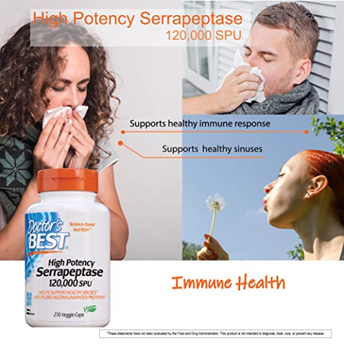 Doctor's Best High Potency Serrapeptase, Non-GMO, Gluten Free, Vegan, Supports Healthy Sinuses, 120, 000 SPU, 270 Veggie Caps