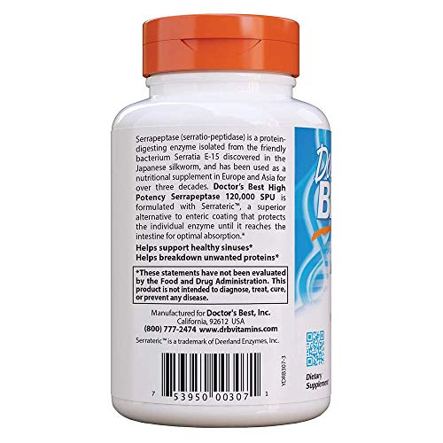 Doctor's Best High Potency Serrapeptase, Non-GMO, Gluten Free, Vegan, Supports Healthy Sinuses, 120, 000 SPU, 270 Veggie Caps