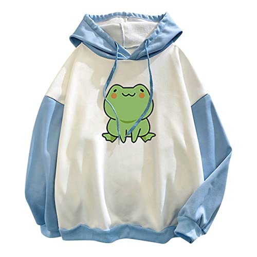 Hoodies for Teen Girls Aesthetic Cute Frog Hoodie for Womens Teen Girls Long Sleeve Patchwork Sweatshirts Kawaii Frog Graphic Pullover with Pocket Aesthetic Clothing