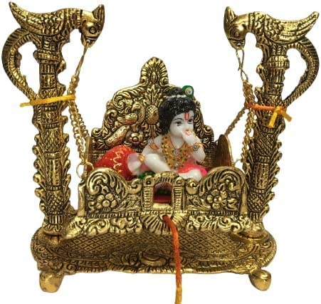 somi gift Antique Look Temple Arch/gate Design Jhula Singhasan Laddu Gopal Sofa (Metal JHULA with MARBAL Krishna)