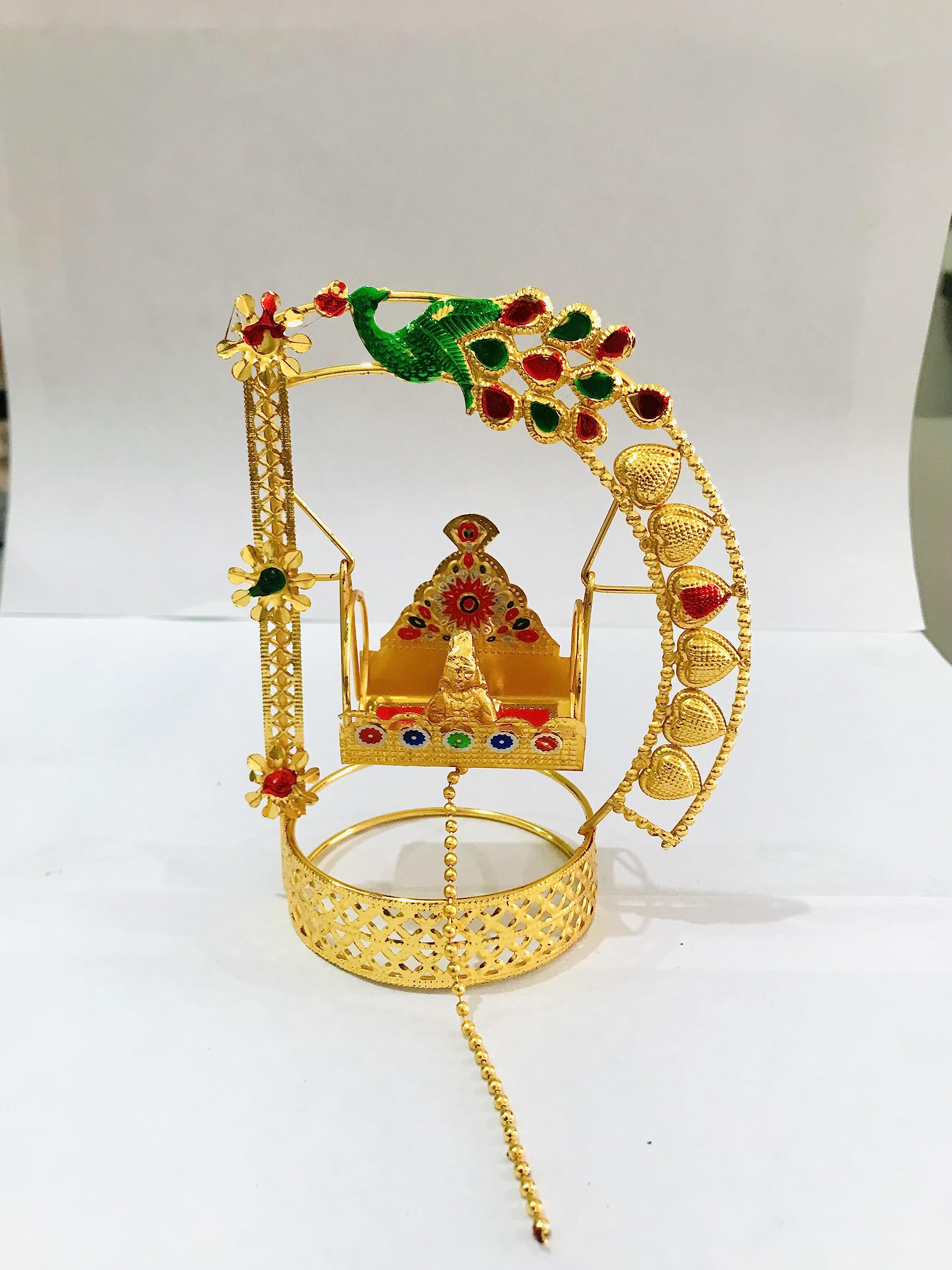 Gavya International Peacock Krishna Janmashtami Jhula Ladoo Gopal or Bal Gopal Lord Krishna jhula Swing for Home Temple mandir or car Dashboard showpiece - H X L (5 X 4) inch