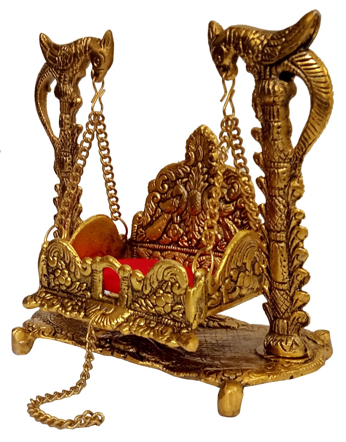 Purpledip Metal Jhula Swing with Velvet Seat: Gold Throne Chowki Aasan Platform for God Idols Like Baby Krishna (12683)