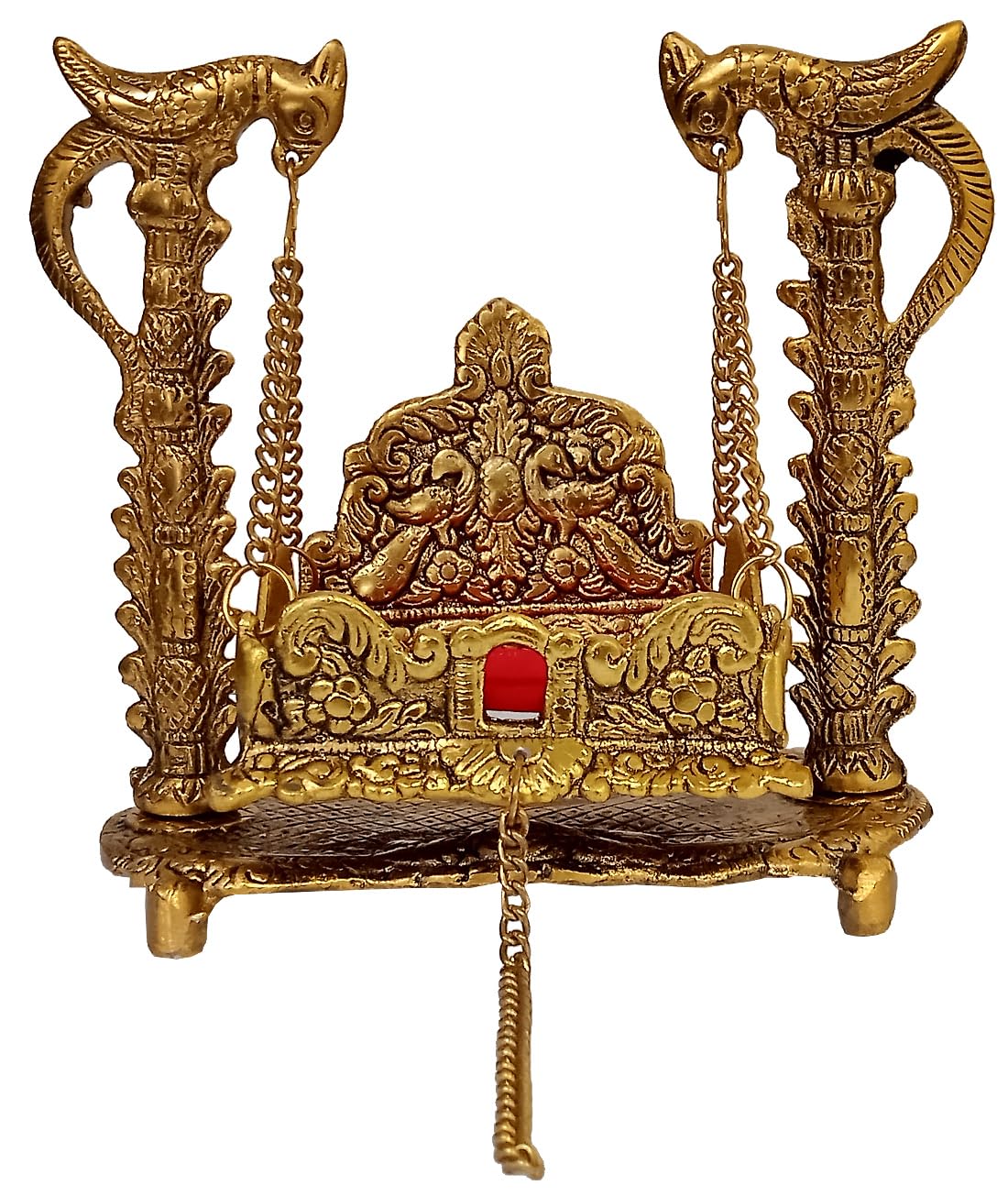 Purpledip Metal Jhula Swing with Velvet Seat: Gold Throne Chowki Aasan Platform for God Idols Like Baby Krishna (12683)