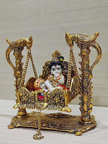 LAXMI Craft Lord Krishna Jhula Singhasan Indian Traditional Handicraft Antique Look Temple Arch/gate Design, Laddu Gopal Sofa with Jhula,Brass,17 x 10 x17 Cm (Metal JULLA with MARBAL Krishna)