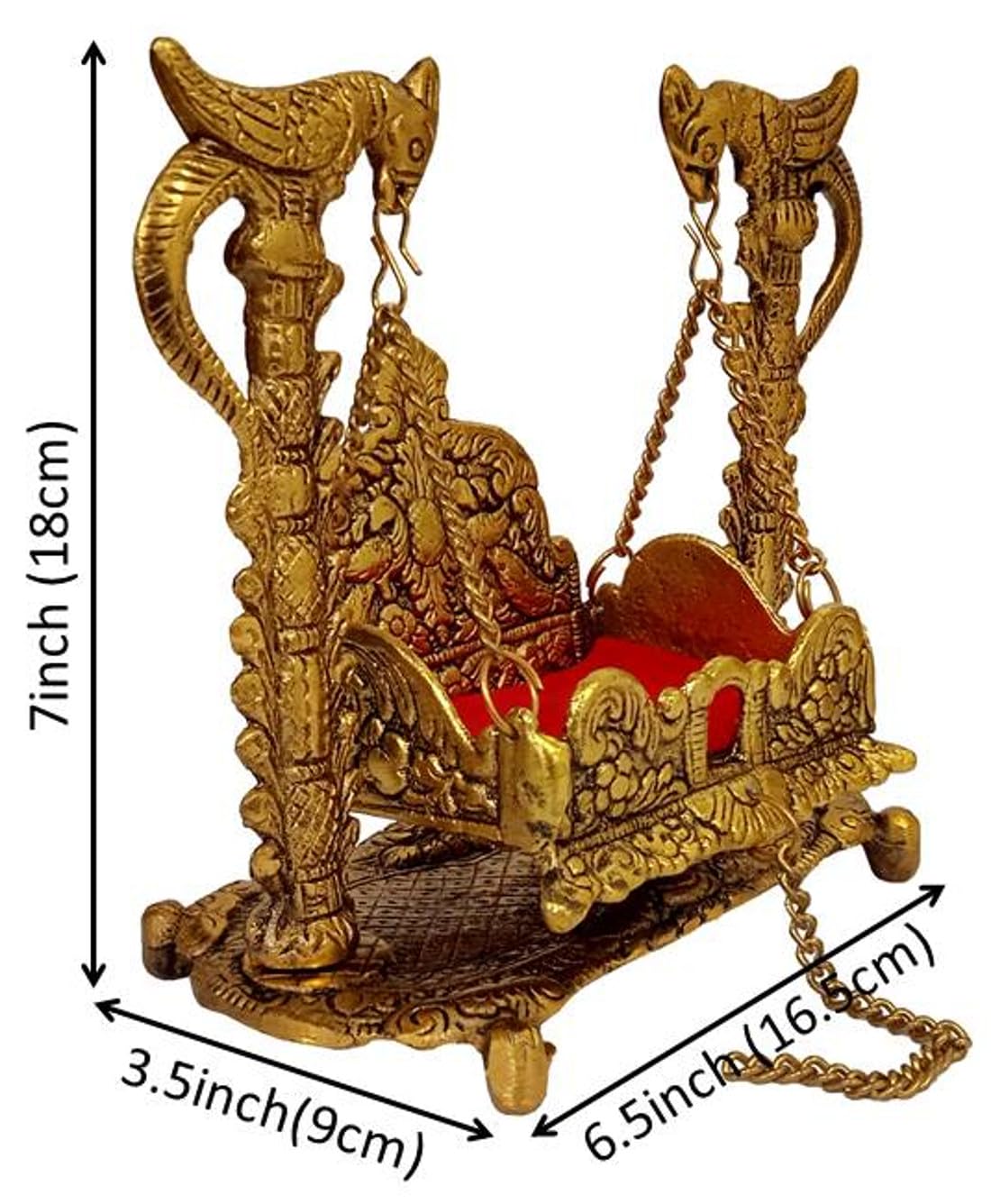 Purpledip Metal Jhula Swing with Velvet Seat: Gold Throne Chowki Aasan Platform for God Idols Like Baby Krishna (12683)