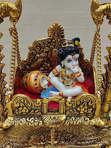 LAXMI Craft Lord Krishna Jhula Singhasan Indian Traditional Handicraft Antique Look Temple Arch/gate Design, Laddu Gopal Sofa with Jhula,Brass,17 x 10 x17 Cm (Metal JULLA with MARBAL Krishna)