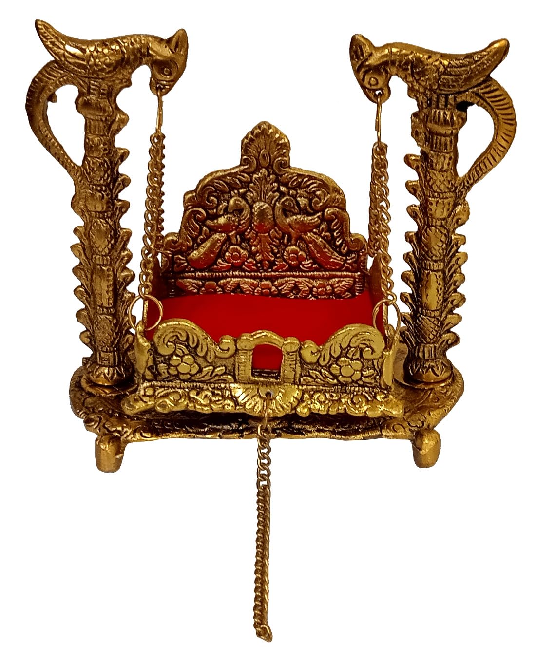 Purpledip Metal Jhula Swing with Velvet Seat: Gold Throne Chowki Aasan Platform for God Idols Like Baby Krishna (12683)