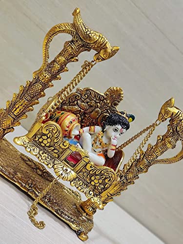 LAXMI Craft Lord Krishna Jhula Singhasan Indian Traditional Handicraft Antique Look Temple Arch/gate Design, Laddu Gopal Sofa with Jhula,Brass,17 x 10 x17 Cm (Metal JULLA with MARBAL Krishna)