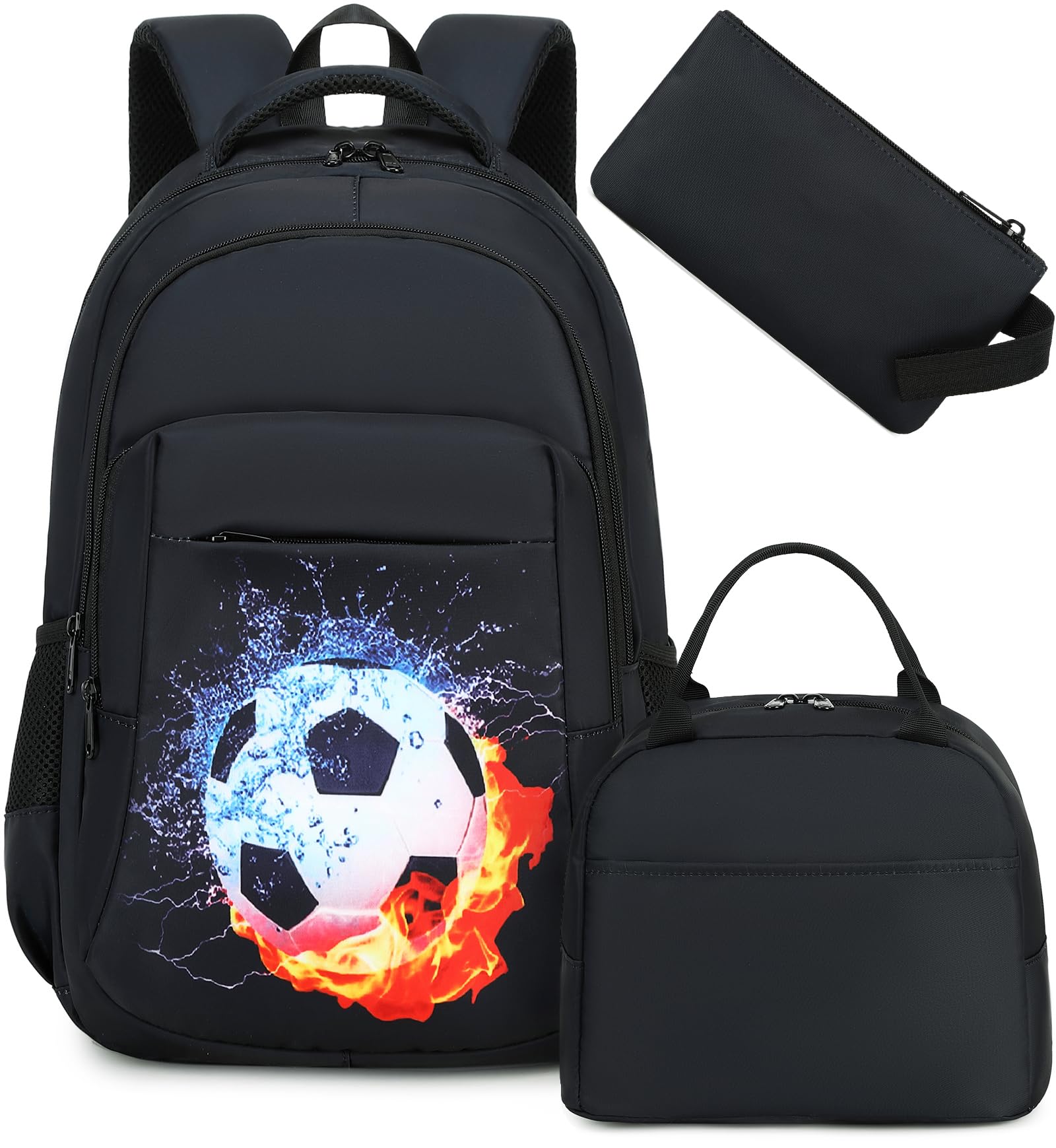LEDAOU Backpack for Teen Girls School Bags Kids Bookbags Set School Backpack with Lunch Box and Pencil Case (Soccer Black)