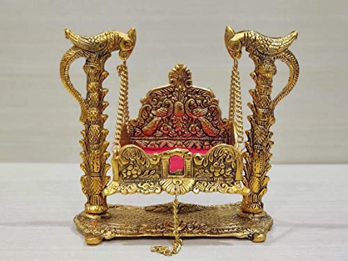 LAXMI Craft Lord Krishna Jhula Singhasan Indian Traditional Handicraft Antique Look Temple Arch/gate Design, Laddu Gopal Sofa with Jhula,Brass,17 x 10 x17 Cm (Metal JULLA with MARBAL Krishna)