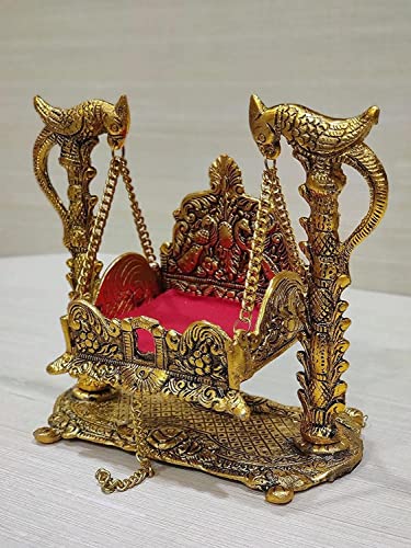 LAXMI Craft Lord Krishna Jhula Singhasan Indian Traditional Handicraft Antique Look Temple Arch/gate Design, Laddu Gopal Sofa with Jhula,Brass,17 x 10 x17 Cm (Metal JULLA with MARBAL Krishna)