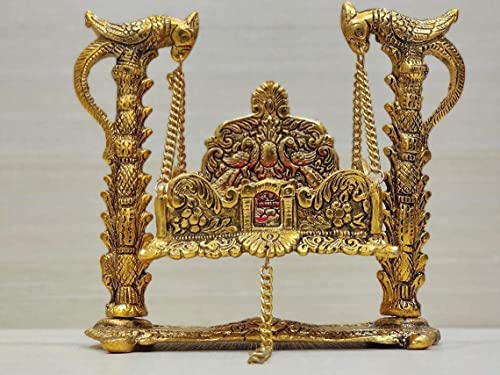 LAXMI Craft Lord Krishna Jhula Singhasan Indian Traditional Handicraft Antique Look Temple Arch/gate Design, Laddu Gopal Sofa with Jhula,Brass,17 x 10 x17 Cm (Metal JULLA with MARBAL Krishna)