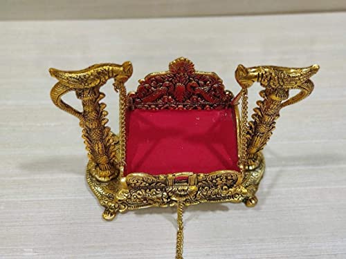 LAXMI Craft Lord Krishna Jhula Singhasan Indian Traditional Handicraft Antique Look Temple Arch/gate Design, Laddu Gopal Sofa with Jhula,Brass,17 x 10 x17 Cm (Metal JULLA with MARBAL Krishna)