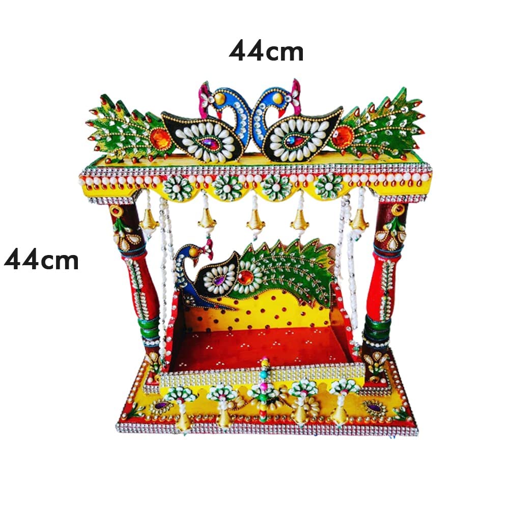 Kundan Work Laddu Gopal Bal Gopal Krishna Wooden Swing Jhula(41x41 cm) Seating Area 10x10 inches & 5 Number Laddu Gopal Seating with Multi-Color Stone Pearl