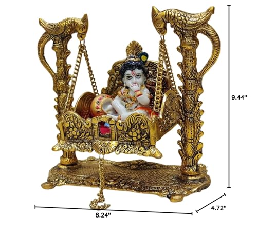 LAXMI Craft Lord Krishna Jhula Singhasan Indian Traditional Handicraft Antique Look Temple Arch/gate Design, Laddu Gopal Sofa with Jhula,Brass,17 x 10 x17 Cm (Metal JULLA with MARBAL Krishna)