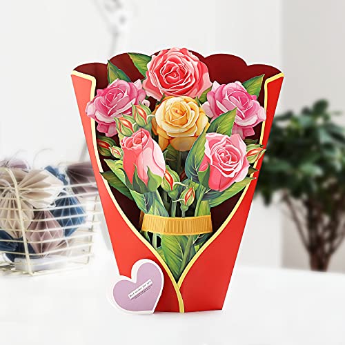 MONJITA Pop Up Flower Bouquet, 3D Paper Flower Card for Mom Dad Girlfriend Boyfriend Grandparents Sister Brother Friends, Thank You, Thinking of You Card (Rose)