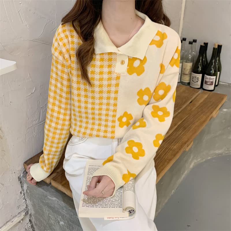 YEMOCILE Womens Kawaii Color Block Sweaters Cute Plaid Collared Pullover Jumper Sweatshirts Yellow