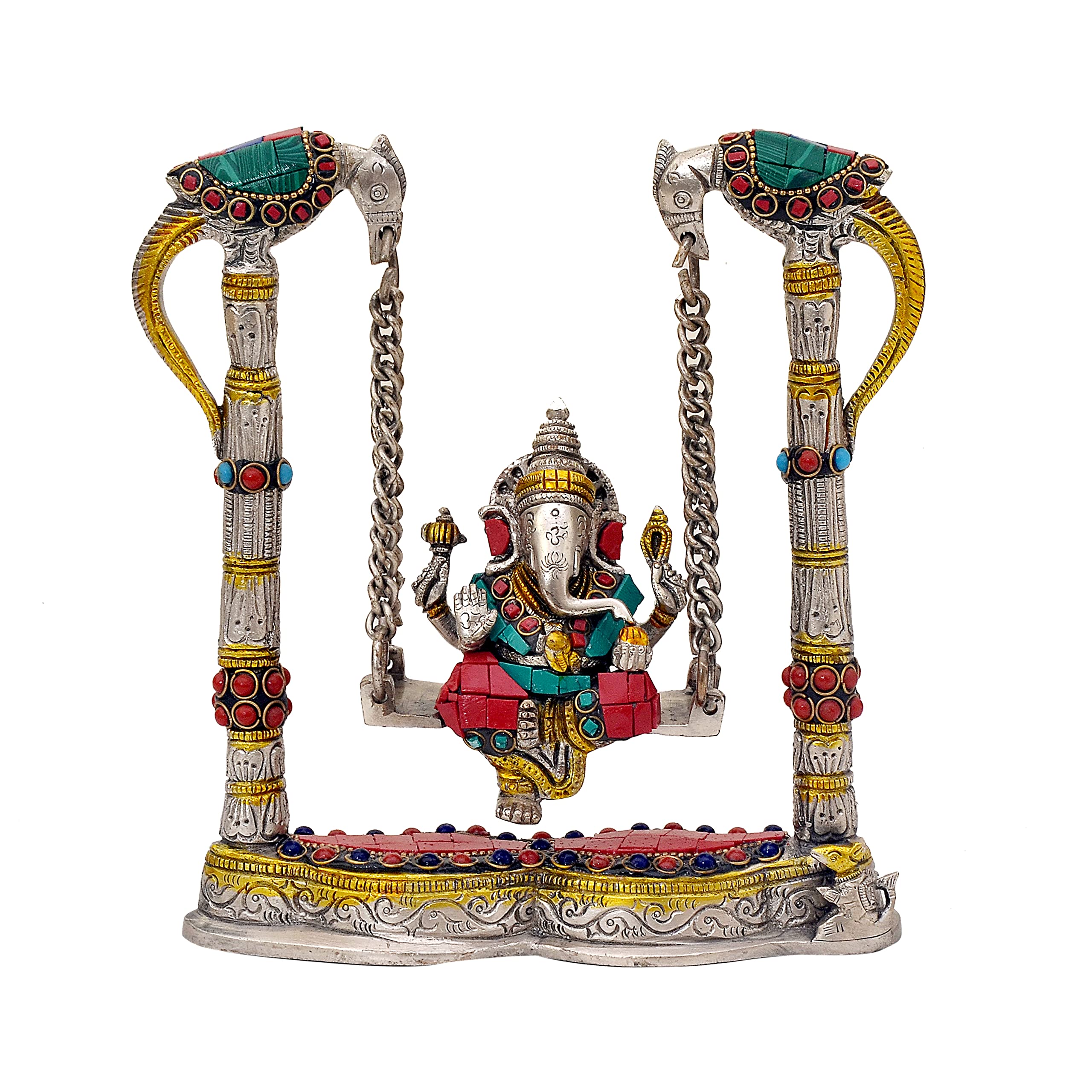 Devyom Lord Ganesha on a Swing Jhula Brass Statue Idol, Height : 8 Inch