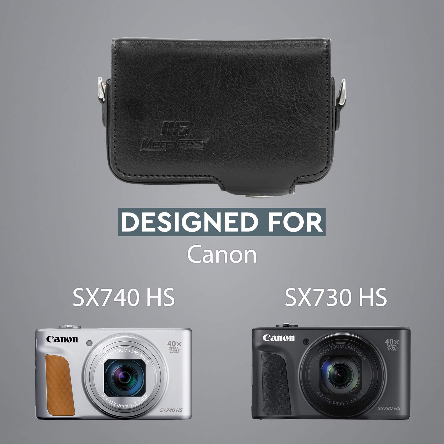 MegaGear Leather Camera Case with Strap Compatible with Canon PowerShot SX740 HS, SX730 HS, Black