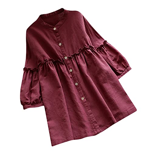Women's Cotton Linen Shirt 3/4 Sleeve Button Down Blouse Solid Color Smocked Tunic Tops Plus Size Loose Fit T-Shirt Red