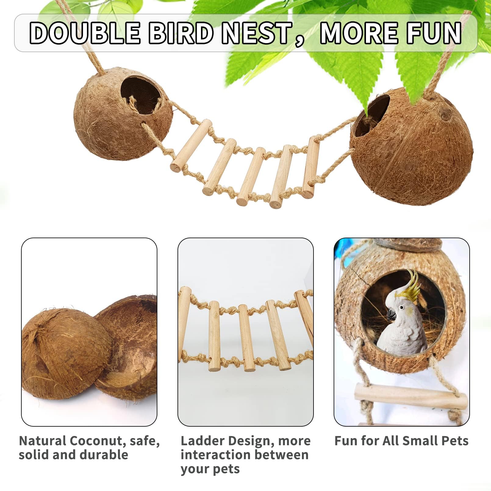 Tfwadmx Natural Coconut Hide with Ladder Perches Hanging Bird House Toy for Cage Parrot Breeding Nest for Gecko Parakeet Lovebird Finch Hamster