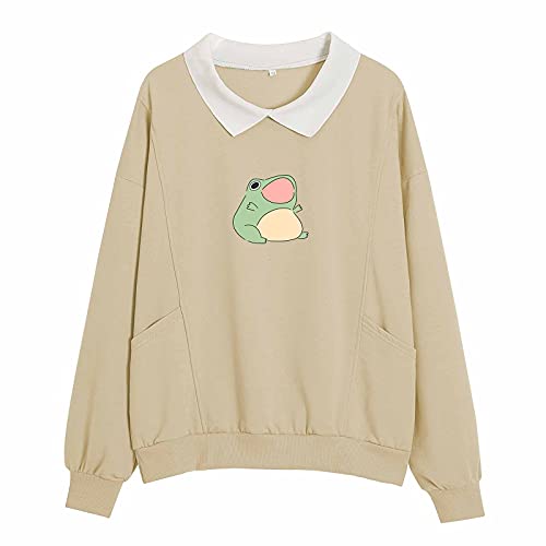 KIEKIECOO Cute Aesthetic Frog Sweatshirt for Teen Girls Kawaii Cartoon Graphic Hoodie Womens Preppy Cotton Pullover Sweaters(Apricot,Medium)