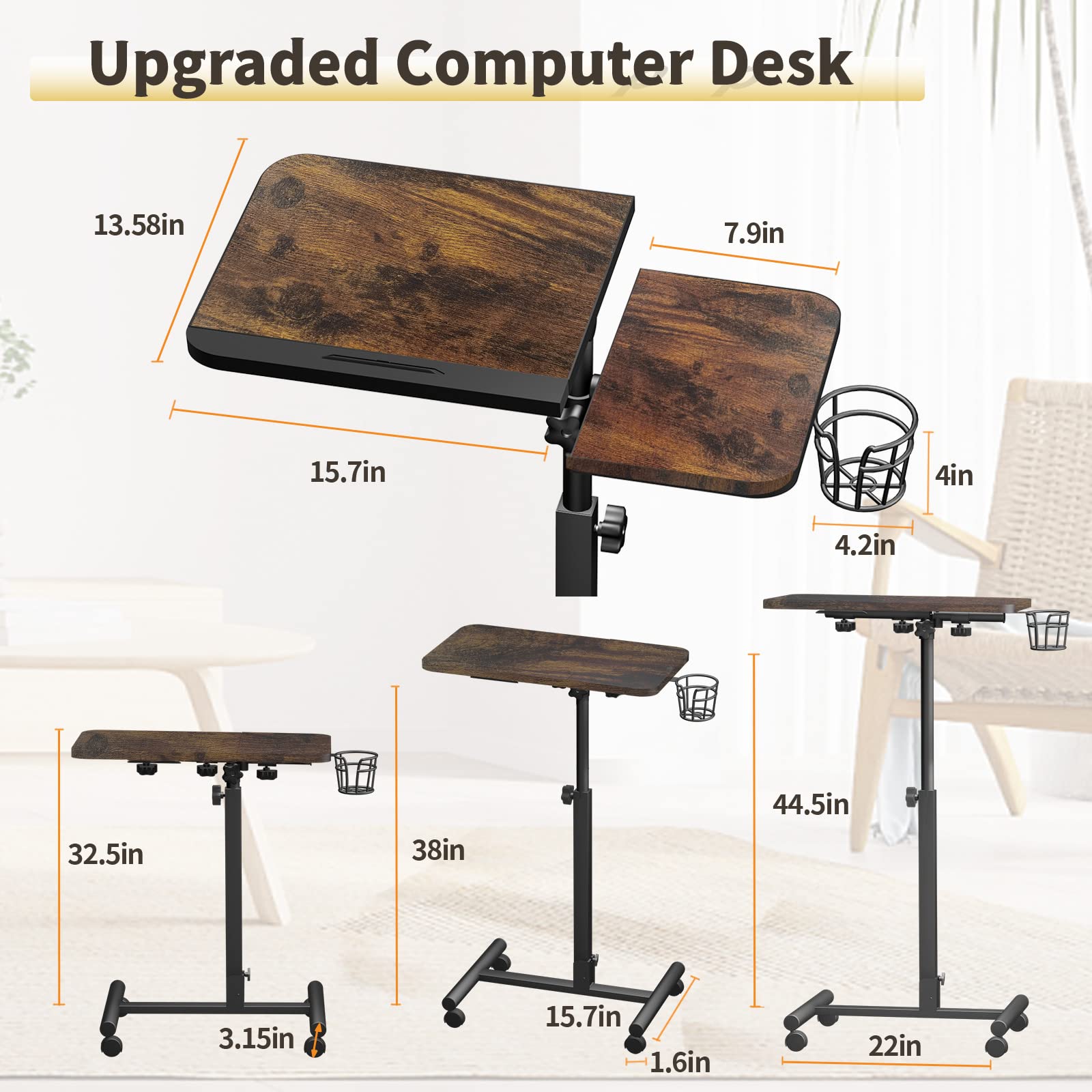 LvnRaay Laptop Table Height Adjustable Desk with Wheels Cup Holder, Laptop Sit to Stand Up Desk Portable Rolling Desk, 40'' Mobile Laptop Stand with Tilting Tabletop Laptop Stand for Couch (Brown)
