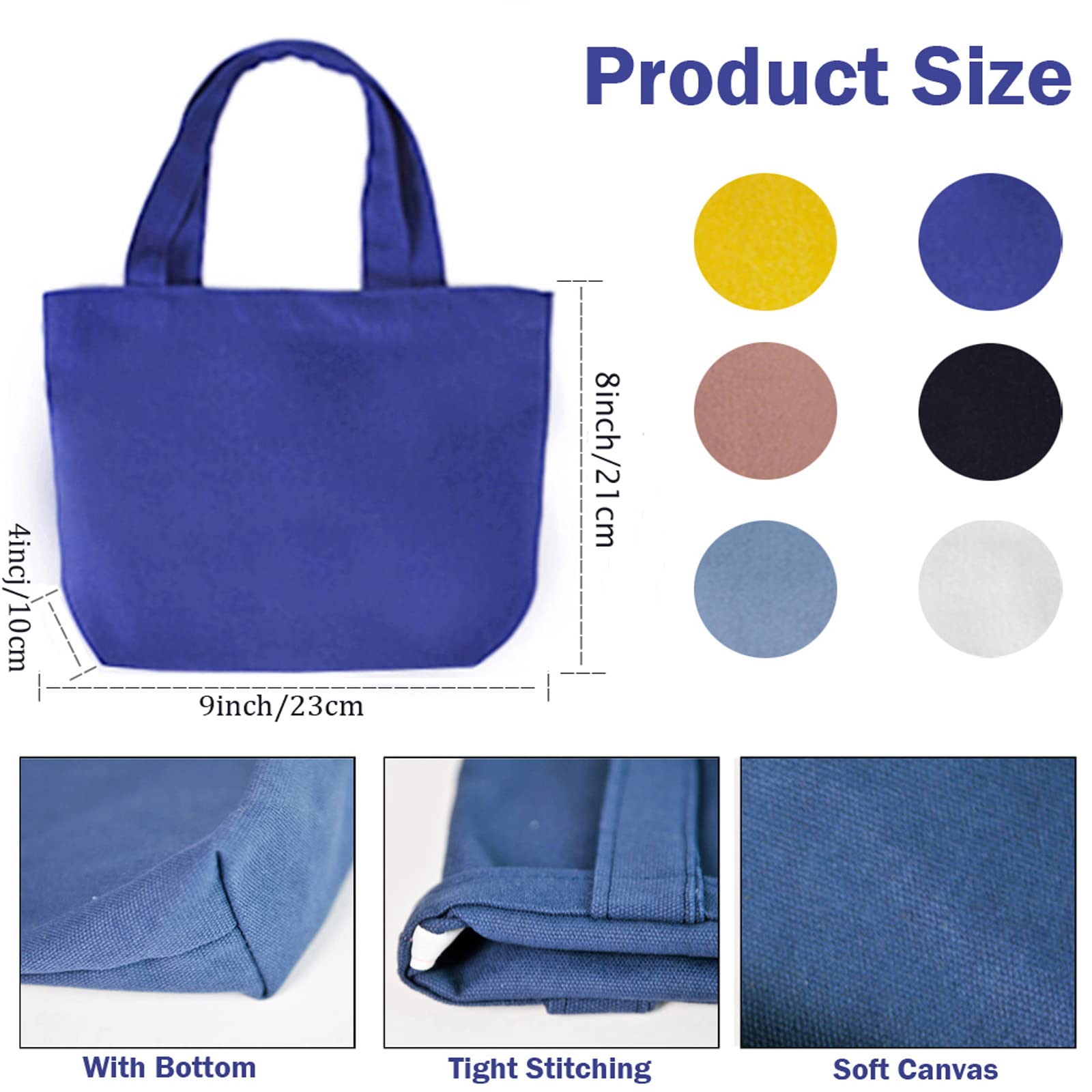Pertion 6 Pack Small Canvas Tote Bags, 9x8x4inch Reusable Cotton Shopping Bags Bulk DIY Mini Tote Bag Gift Bags for Kids