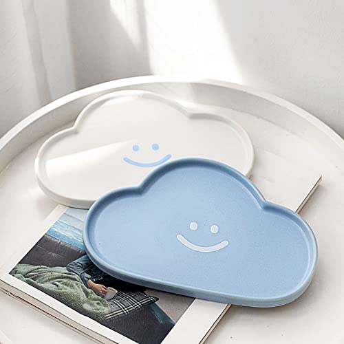 Ceramic Cloud Shaped Decorative Tray with Smile Face, Cute Kawaii Aesthetic Dish Trinket Tray Plate for Home Bedroom Vanity Bathroom Decor, Jewelry Holder Organizer, for Kids Teen Girls Women