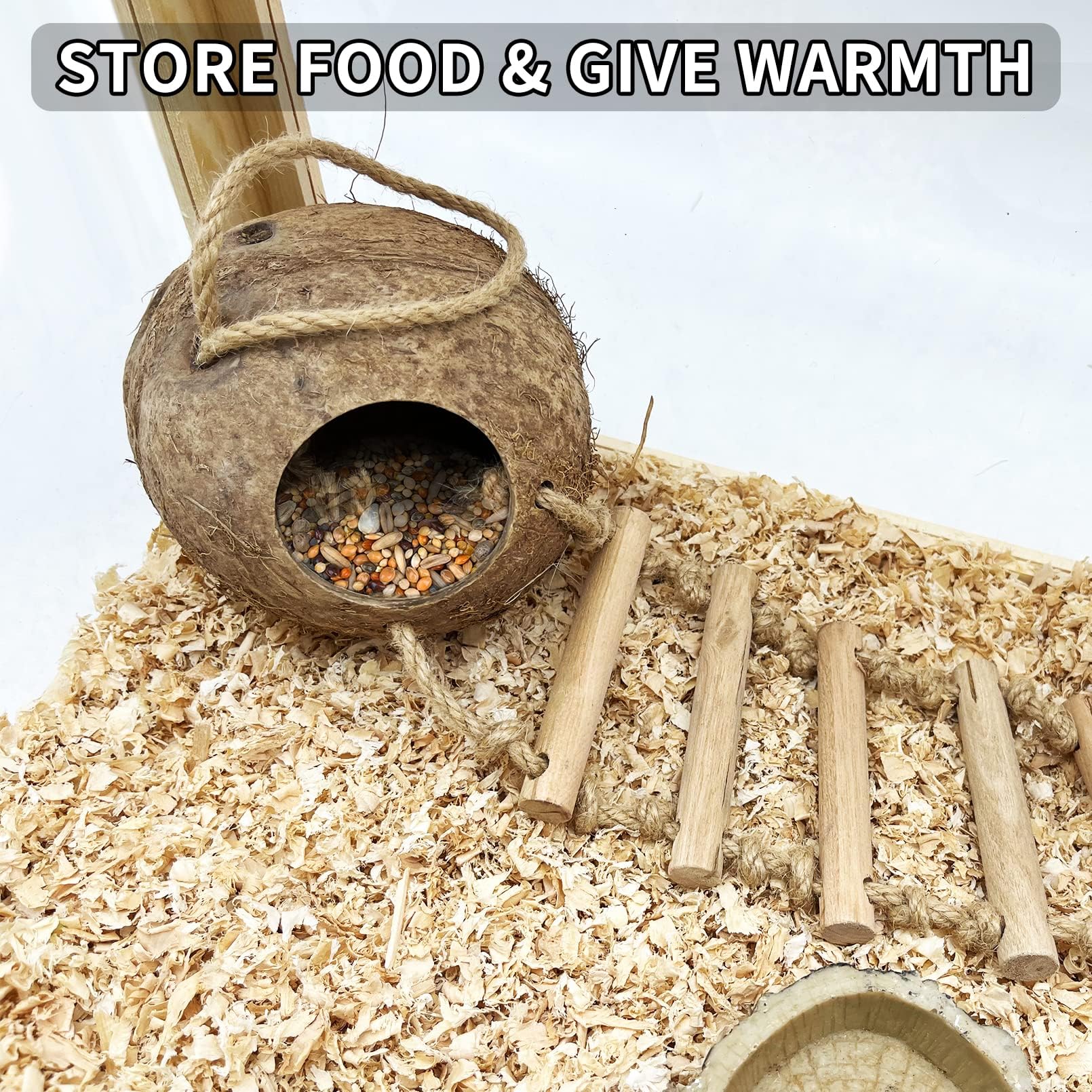 Tfwadmx Natural Coconut Hide with Ladder Perches Hanging Bird House Toy for Cage Parrot Breeding Nest for Gecko Parakeet Lovebird Finch Hamster