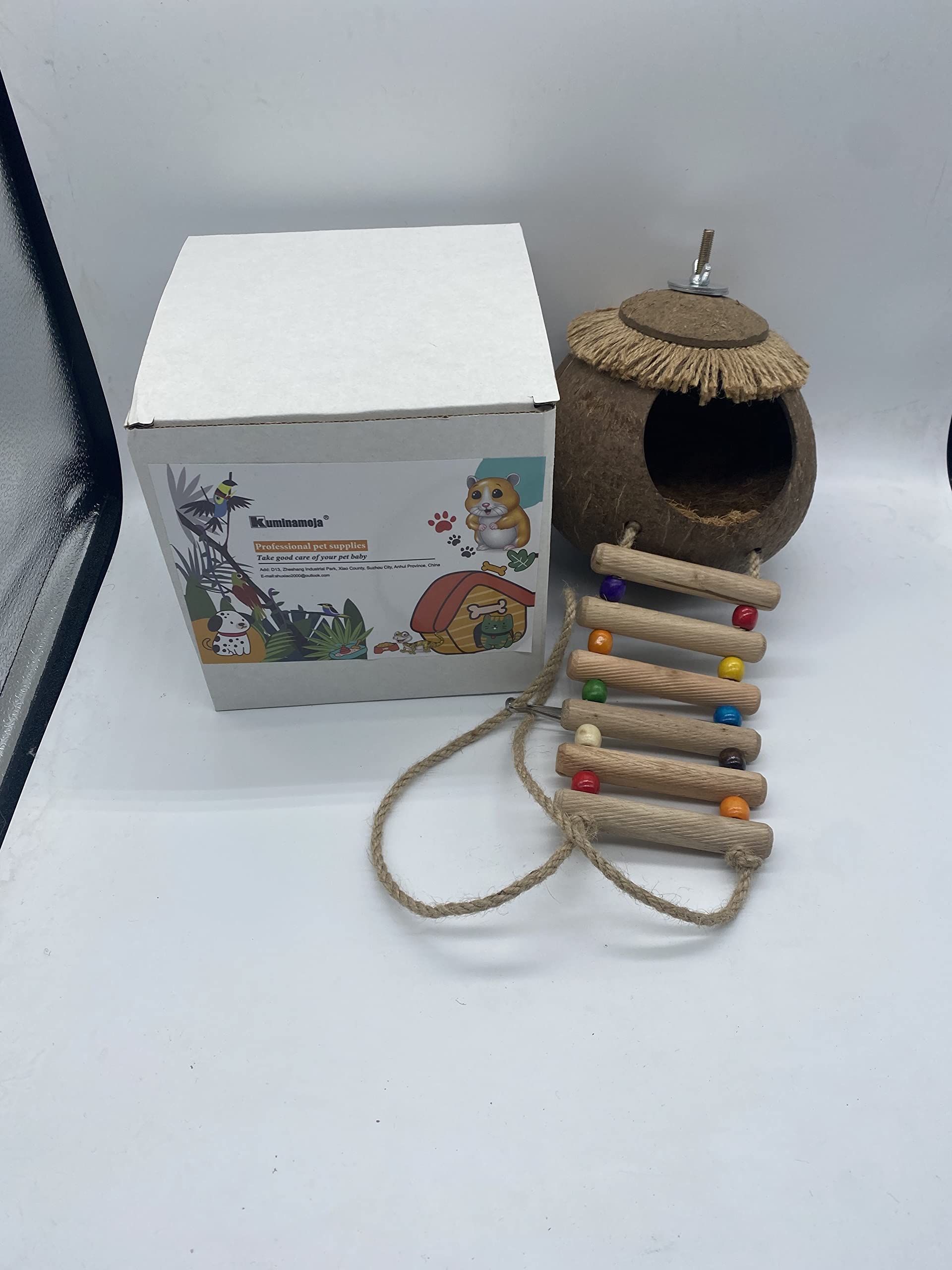 kuminamoja Coconut Bird's Nest with Ladder for Parrots Parakeet Conures Cockatiel and Small Animals (Large)