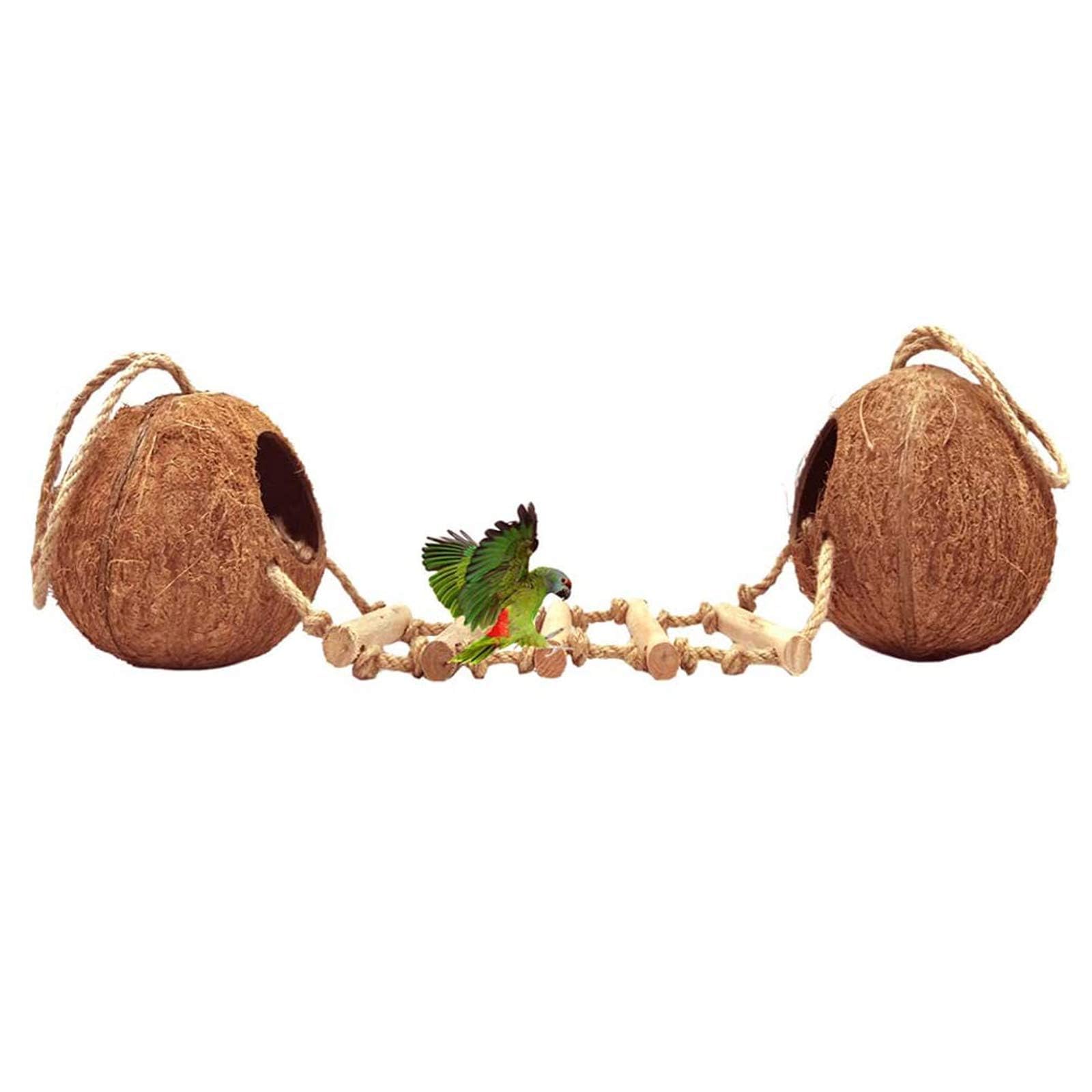 Tfwadmx Natural Coconut Hide with Ladder Perches Hanging Bird House Toy for Cage Parrot Breeding Nest for Gecko Parakeet Lovebird Finch Hamster