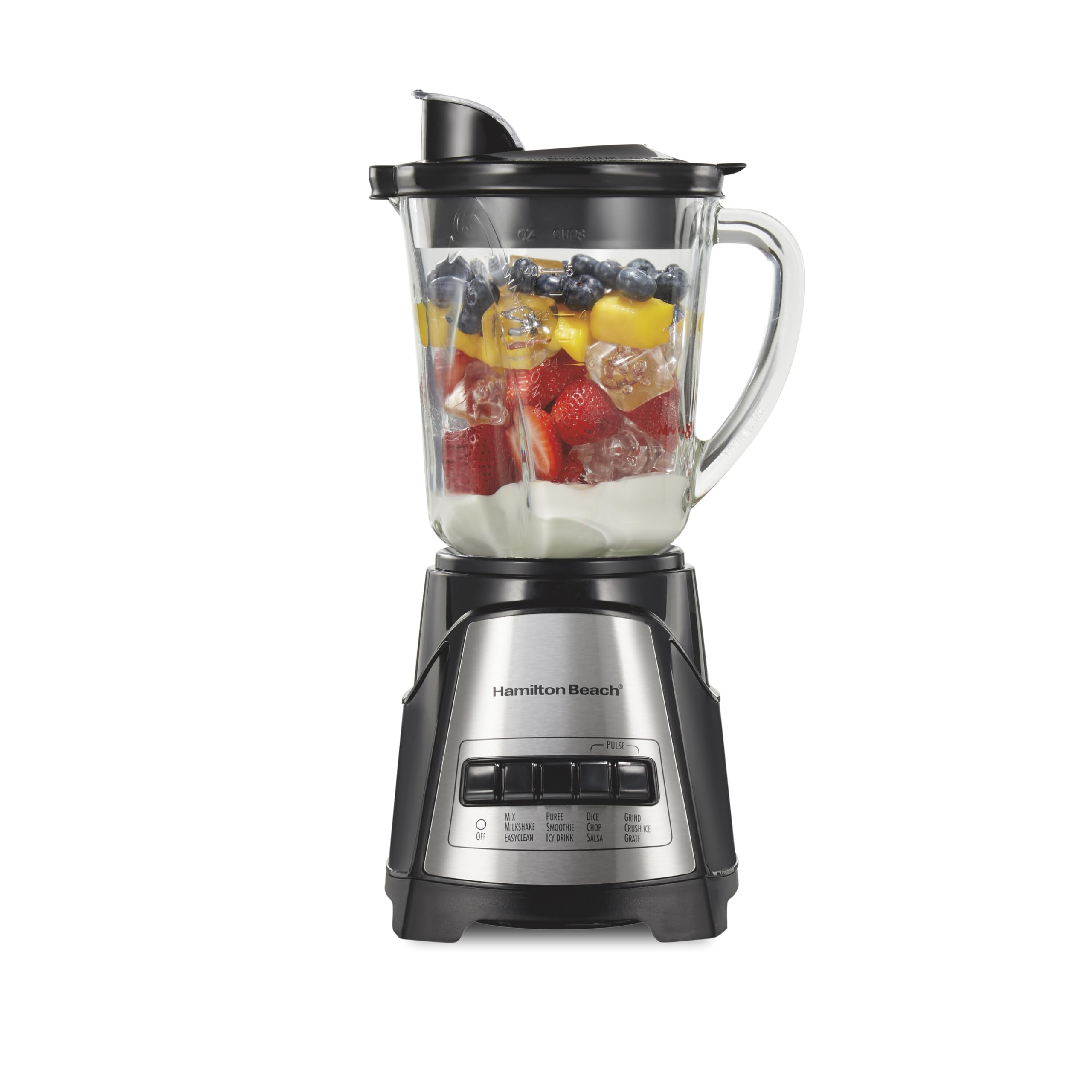 Hamilton Beach Power Elite Wave Action Blender-for Shakes and Smoothies, Puree, Crush Ice, 40 Oz Glass Jar, 12 Functions, Stainless Steel Ice Sabre-Blades, Black (58148A)