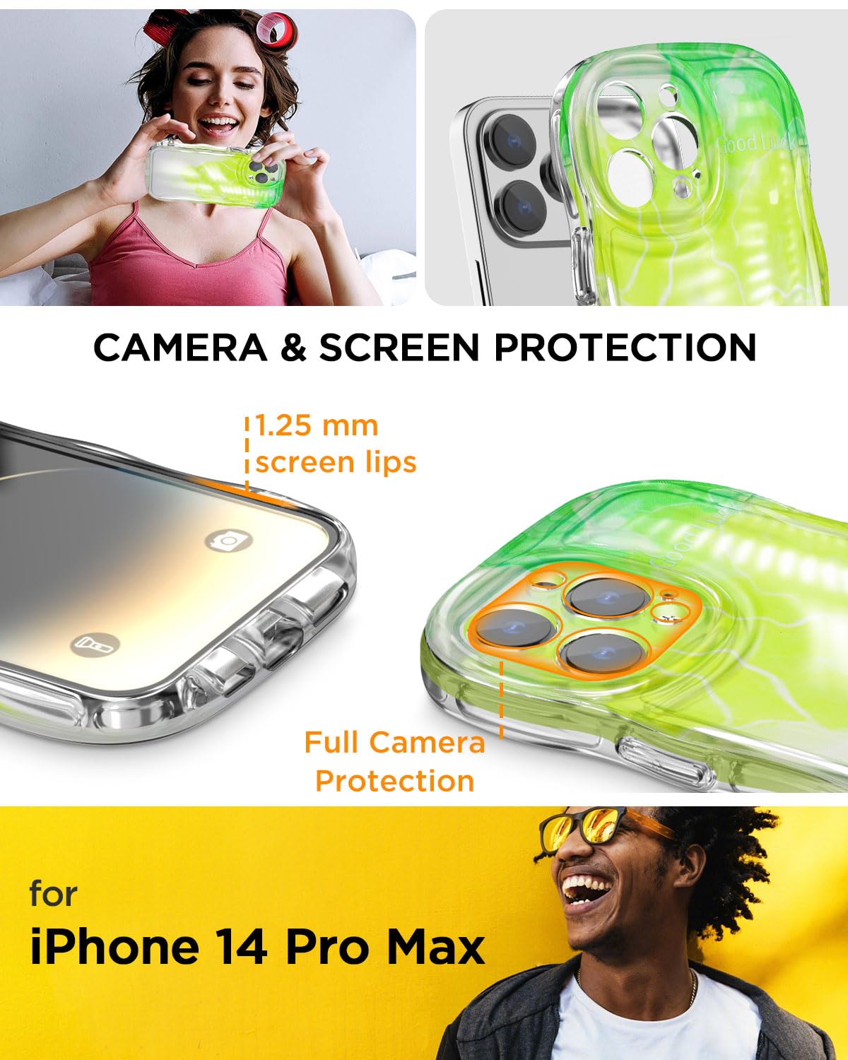 AICase iPhone 14 Pro Max Case Curly Wave Frame Cute Design with Full Camera Lens Protection,Aesthetic Kawaii Slim TPU Bumper Luxury Plated Shockproof Protective Transparent for Women Girls Men_4