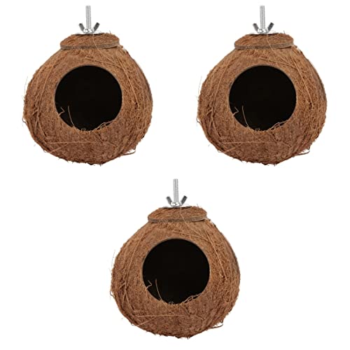 balacoo 3 pcs Coconut Shell Bird Nest Reptile Hanging Hideout Bird House Bird bite Shell House Coco Finch hut Gecko Coco hut Birds Nest Parrot Toy Bird cage Stainless Steel The Bird's nest