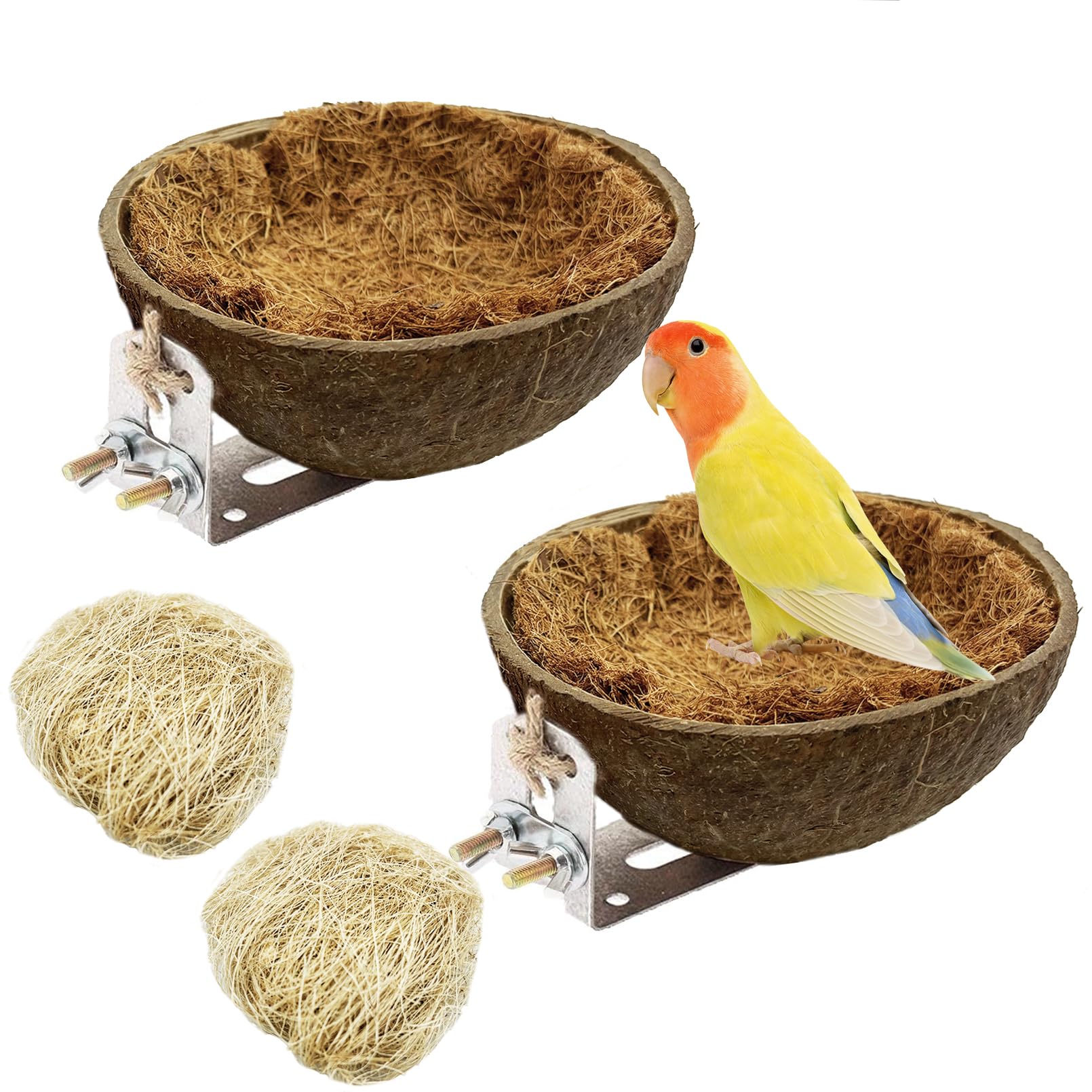 Tfwadmx Bird Nests Natural Coconut Shell Parrot Breeding Hatching Nesting Box Cage Hatch House Hut Cave for Small or Medium Finch Parakeet Accessories Toys –(2 Pcs)