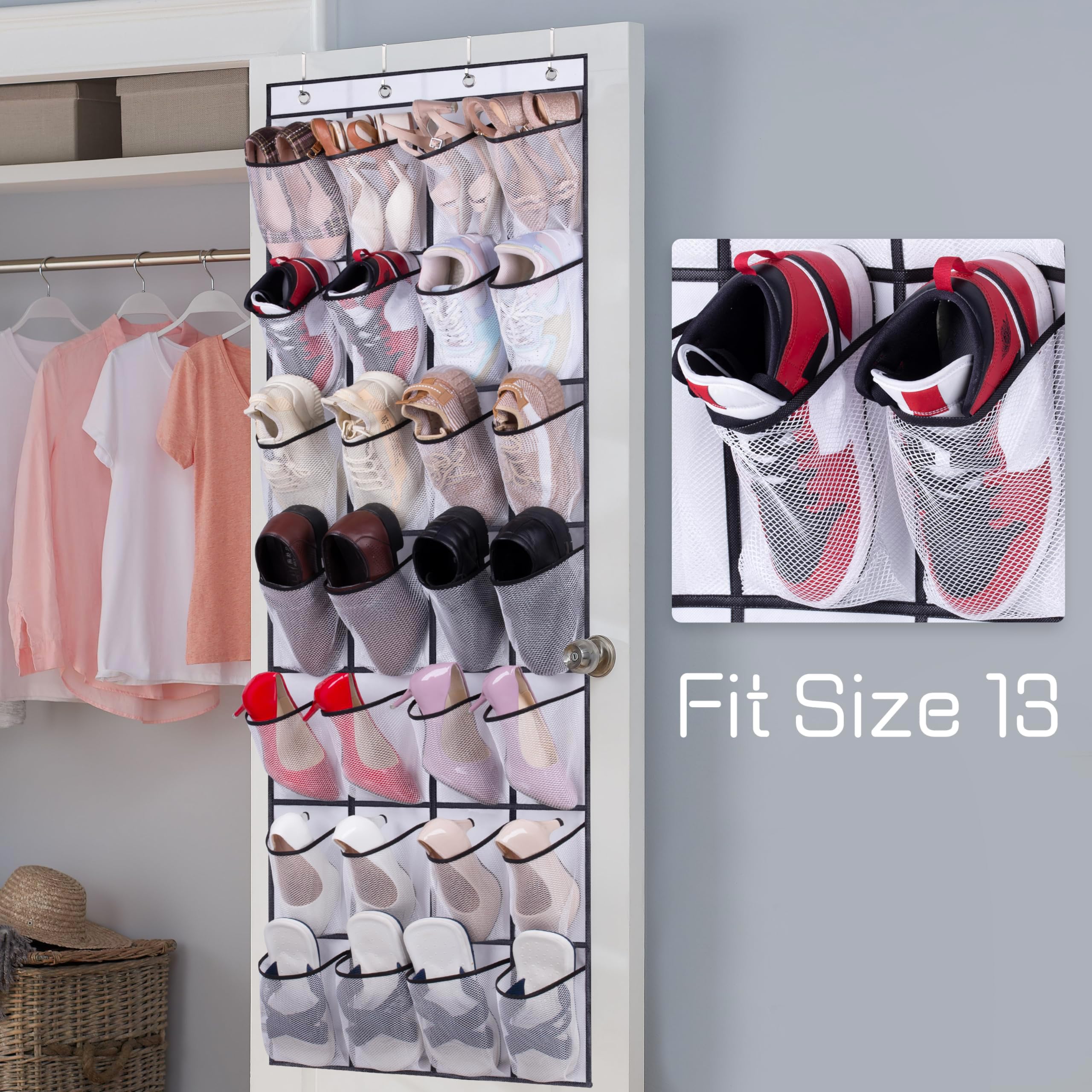 AOODA 28 Large Mesh Pockets Over The Door Shoe Rack, Hanging Shoe Organizer for Closet Hanging Shoe Rack Holder Hanger, White