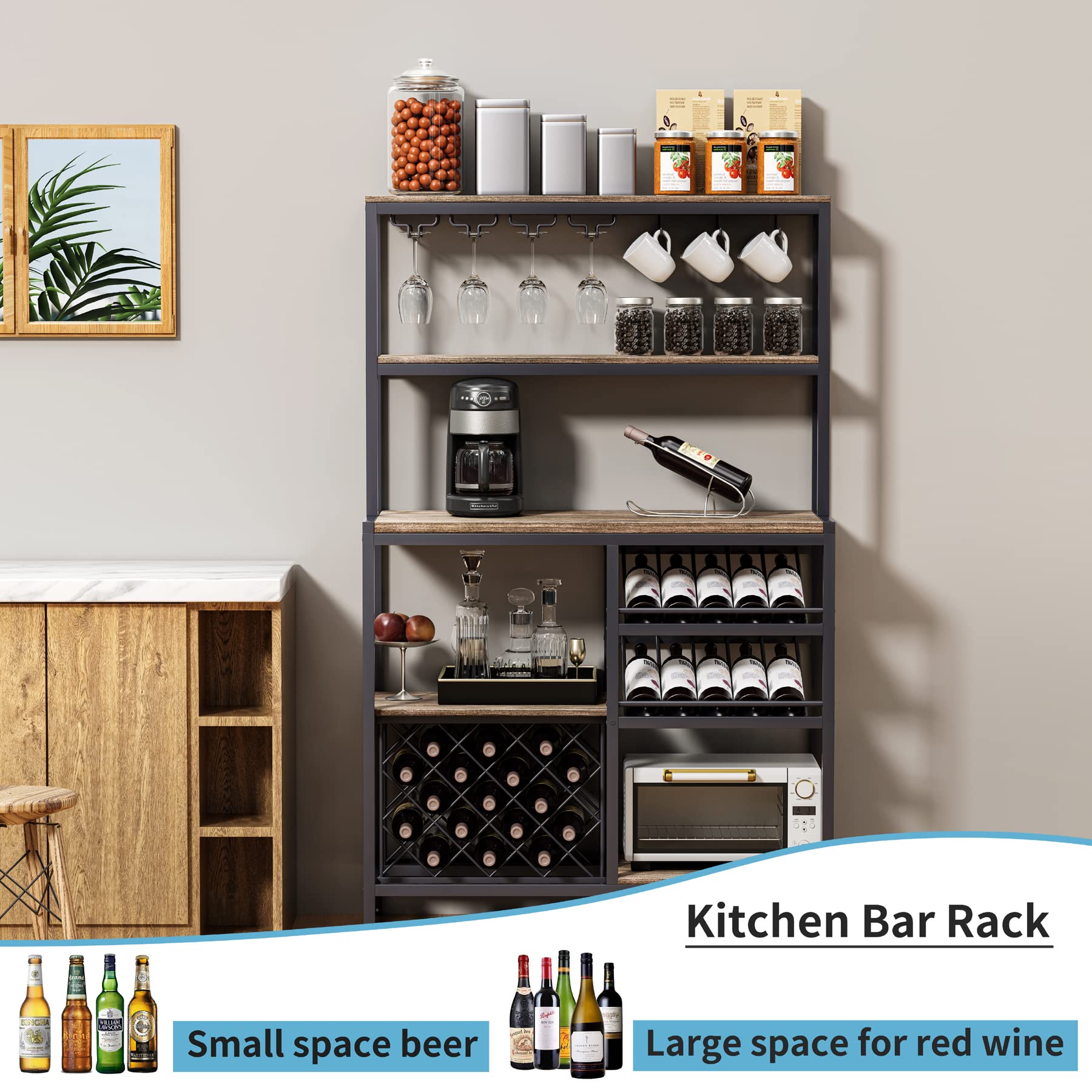 MSTFLOR Wine Rack Table,39.4 Inch Freestanding Floor Liquor Bar Table Cabinet with Glass Holder Bottle Shelf, Modern Wine Bar Cabinet with Storage & Hook for Home Kitchen Dining Room, Rustic Oak